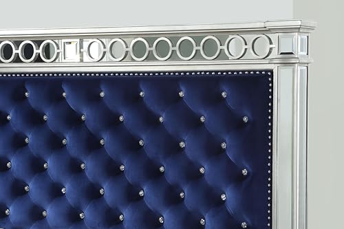 Acme Varian Queen Upholstered Panel Bed in Blue Velvet and Mirrored