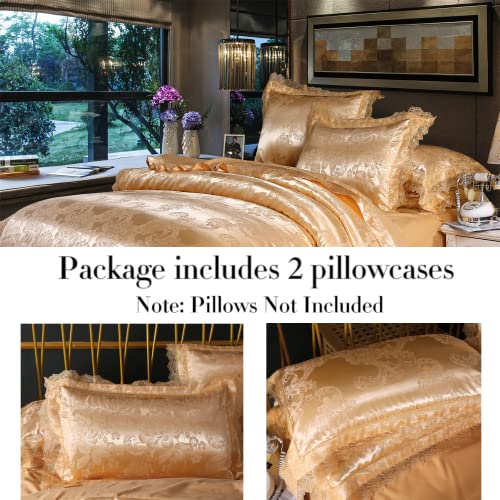 PYCLIFE Queen Duvet Cover,Luxury Bedding,Lace 3-Piece Duvet Covers,Jacquard Bedding Sets (Gold, Queen)