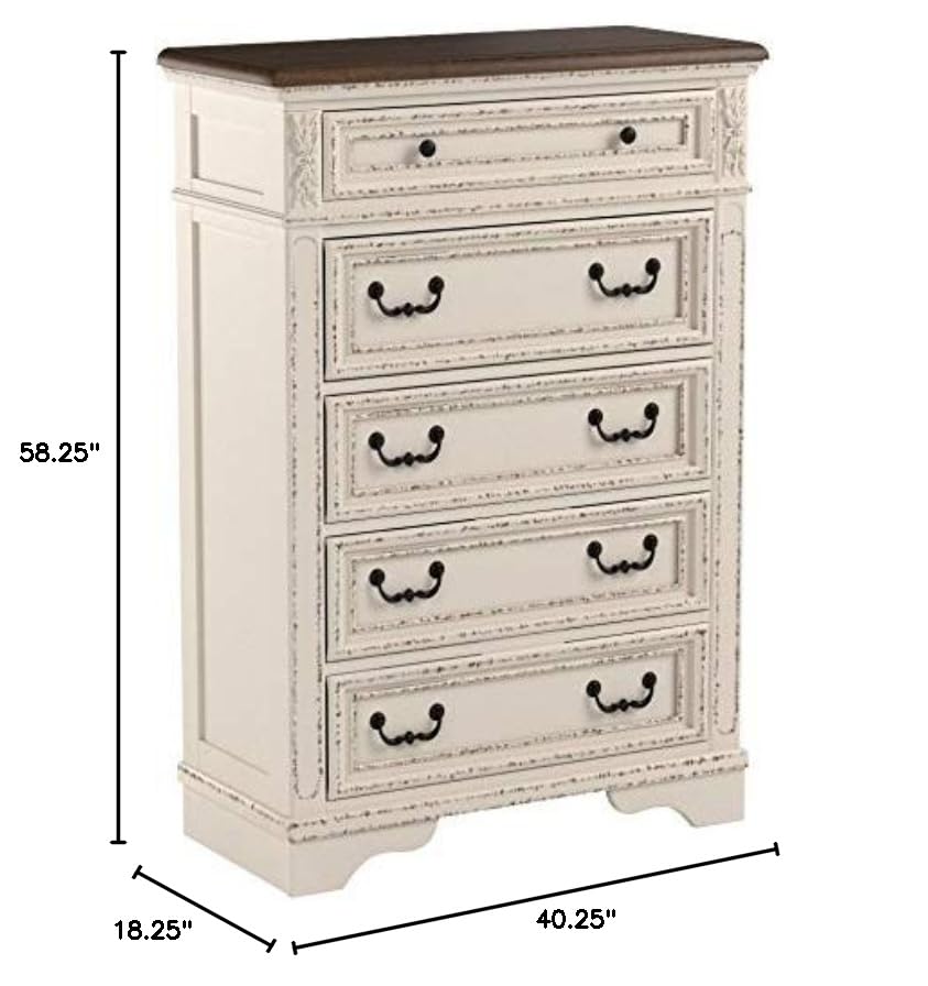 Signature Design by Ashley Realyn French Country Two Tone 5 Drawer Chest of Drawers, Chipped White