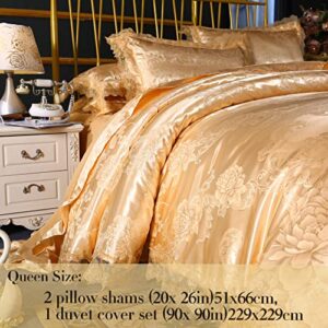 PYCLIFE Queen Duvet Cover,Luxury Bedding,Lace 3-Piece Duvet Covers,Jacquard Bedding Sets (Gold, Queen)