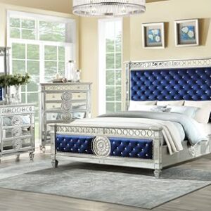 Acme Varian Queen Upholstered Panel Bed in Blue Velvet and Mirrored