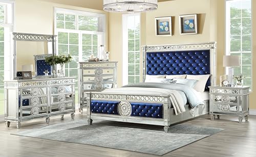 Acme Varian Queen Upholstered Panel Bed in Blue Velvet and Mirrored