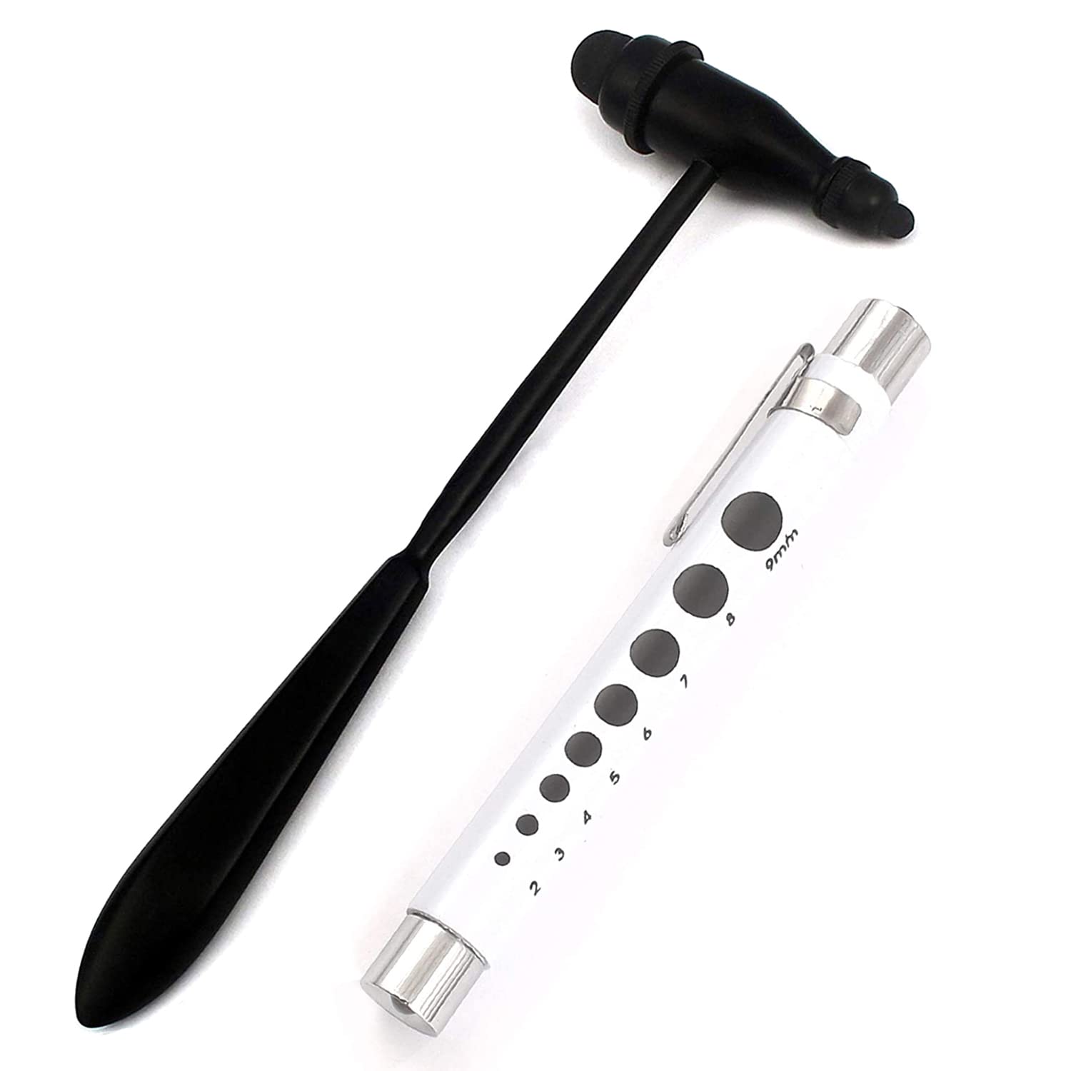 LAJA IMPORTS Lightweight Tromner Percussion Reflex Hammer Black Color & Led Pen Light Pupil Gauge 'White Color for Nurses, EMS, Students, Emergency Room