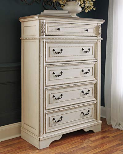 Signature Design by Ashley Realyn French Country Two Tone 5 Drawer Chest of Drawers, Chipped White