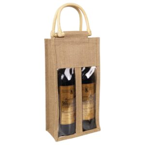 vpang eco-friendly burlap wine bottle bag jute wine bottle tote with cane handle gift packaging wine bag gift bag candy bag for christmas holiday decorations (double bottle)