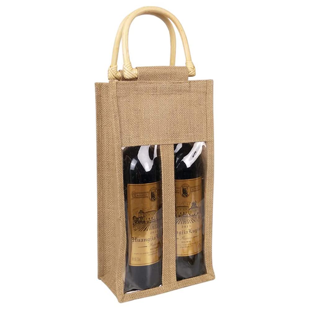 Vpang Eco-Friendly Burlap Wine Bottle Bag Jute Wine Bottle Tote with Cane Handle Gift Packaging Wine Bag Gift Bag Candy Bag for Christmas Holiday Decorations (Double Bottle)