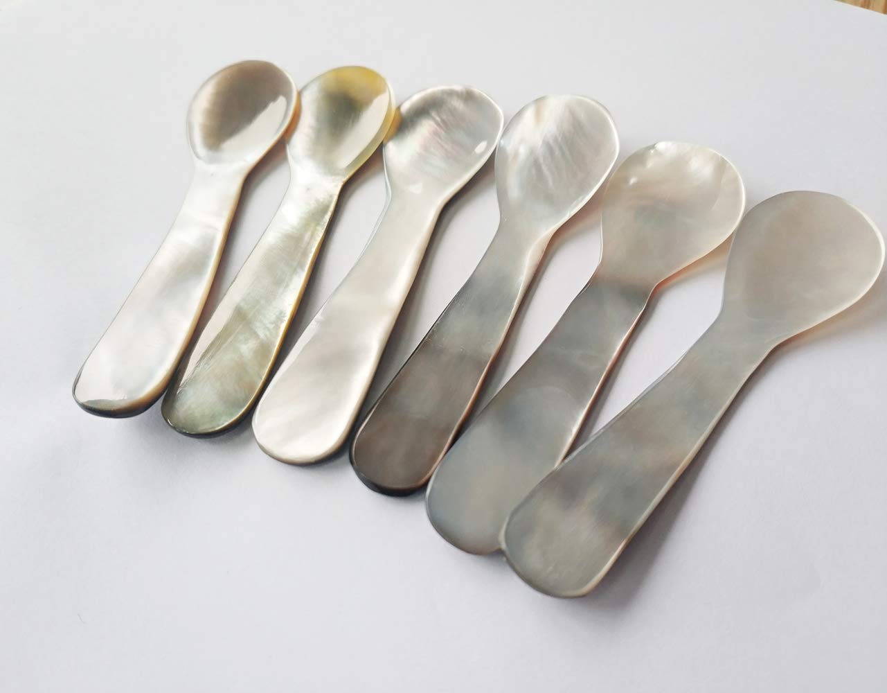 DUEBEL Set of 6 Shining Mother of Pearl MOP 7.5cm x 2cm Shell Spoons for Caviar, Egg Serving (Black)