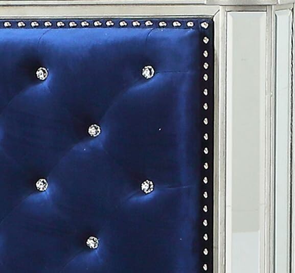 Acme Varian Queen Upholstered Panel Bed in Blue Velvet and Mirrored