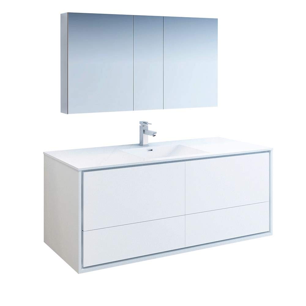 Fresca Catania 60" Glossy White Wall Hung Single Sink Modern Bathroom Vanity w/Medicine Cabinet