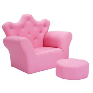 HONEY JOY Kids Sofa, Children Princess Upholstered Couch Armrest Chair with Ottoman, PVC Leather & Embedded Crystal, Toddler Bedroom Furniture for Baby Girl (Pink)