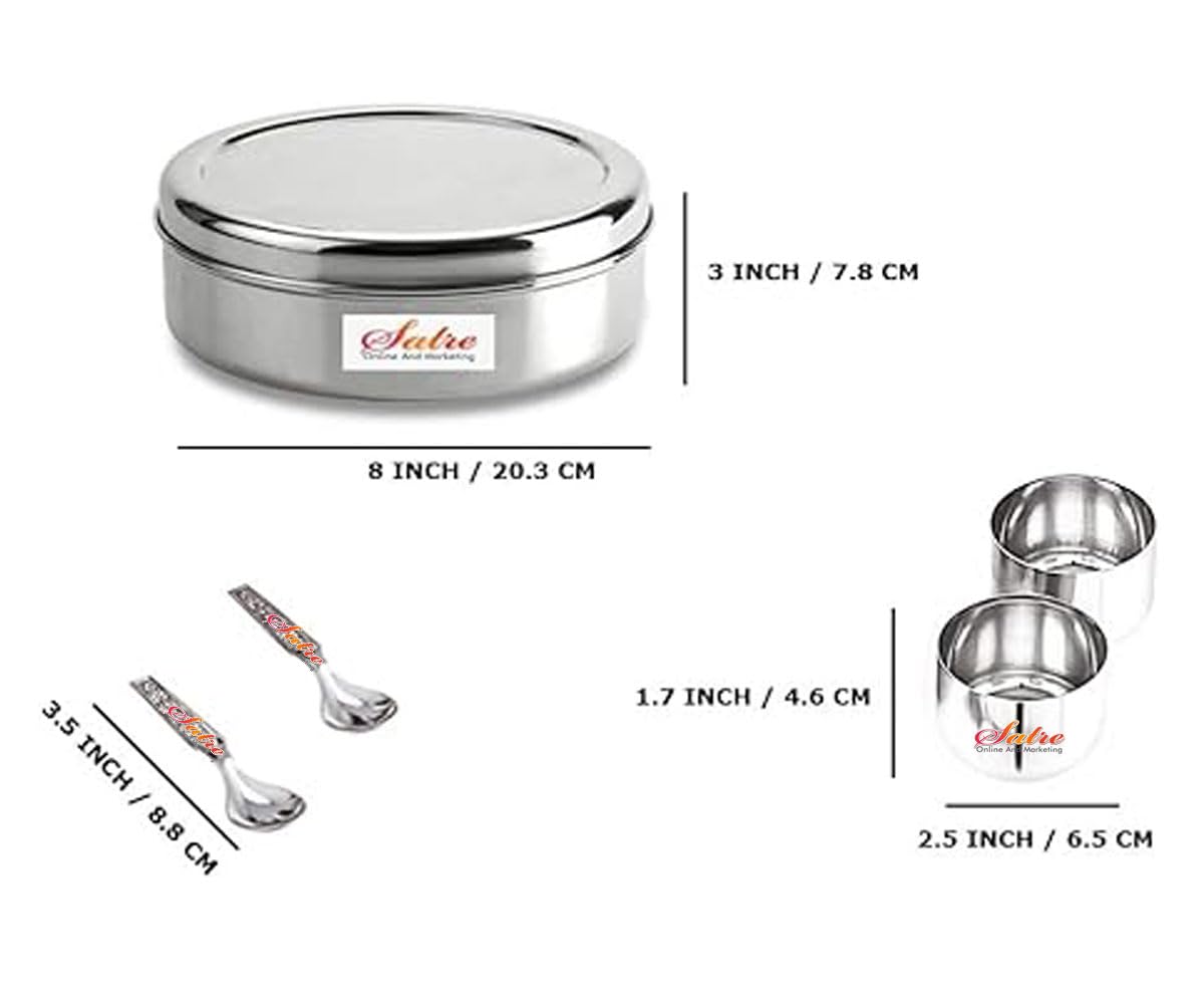 Satre Online and Marketing Stainless Steel Spice Box Without Lid,Stainless Steel Masala Box,Indian Spice Box with 7 Spice Containers and Spoons