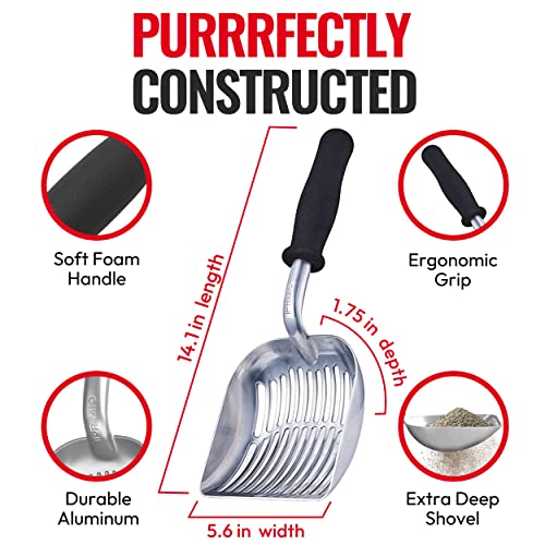 iPrimio Monster Silver Metal Cat Litter Scoop, Easy Grip Soft Foam Ergo Short Sturdy Handle, Super Large Non-Stick Deep Shovel, Fast Sifting, Kitty Litter Box Accessory, Suitable for Sore Hands