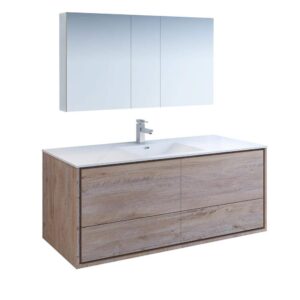 Fresca Catania 60" Rustic Natural Wood Wall Hung Single Sink Modern Bathroom Vanity w/Medicine Cabinet - Faucet Sold Separately