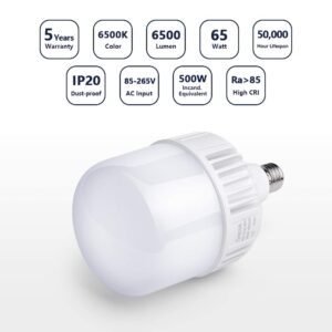 Greous Super Bright 400W-500W Light Bulb Equivalent, 65W LED Bulb 120 Volt Cool White 6500K E26, 6500 Lumens，High Watt Commercial Retrofit LED Bulbs for Yard Garage Factory Warehouse Workshop