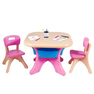 honey joy kids table and chair set, plastic children activity table and 2 chair set w/storage bins, 3 piece child furniture set for daycare playroom, toddler table and chair set for boys girls(pink)