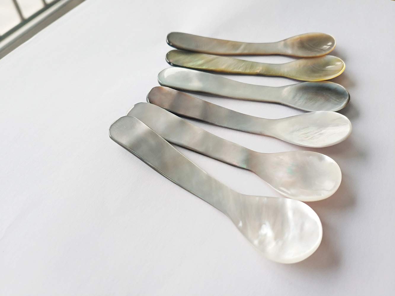 DUEBEL Set of 6 Shining Mother of Pearl MOP 7.5cm x 2cm Shell Spoons for Caviar, Egg Serving (Black)