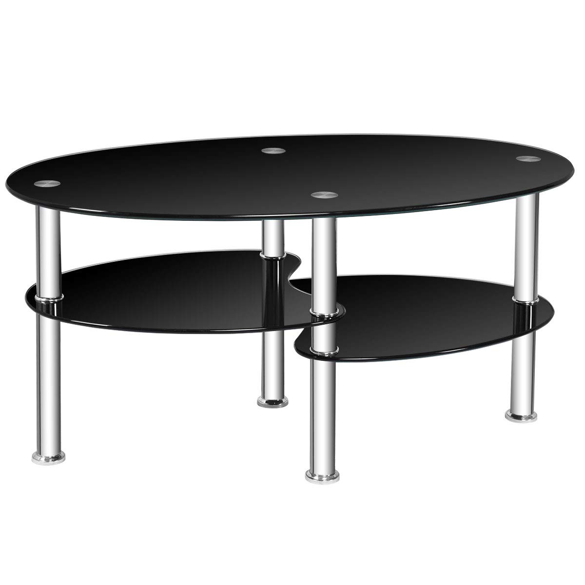 Casart Glass Coffee Table End Table 2 Tire for Home &Office with Sturdy Chrome Plated Legs Tea Table (Black)