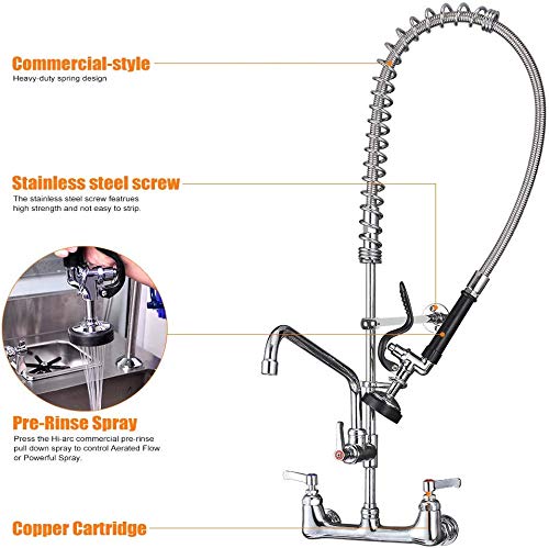 MSTJRY Commercial Sink Faucet with Pre Rinse Sprayer: 35"Height 8"Adjustable Center 12"Swivel Spout Wall Mount Pre Rinse Faucet-Perfect for 2/3 Compartment Sink (Polished Chrome,Stainless Steel&Brass)