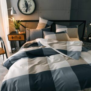 mixinni Luxury 3 Pieces Duvet Cover Sets King Size Geometric Checkered Bedding Cover for Men Women Soft Cotton Grey Beige Plaid Bedding Set with Zipper Ties