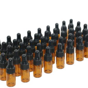 50Pcs Amber Glass Dropping Bottles 3ml Mini Essential Oil Dropper Bottles Empty Travel Perfume Sample Vials Containers with Glass Eye Dropper and Cap in Box(2 Droppers Included)