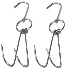 Tinsow 2pcs Stainless Steel Double Hooks + 3pcs S-Hooks for Bacon Hams Meat Processing Butcher Hook Hanging Drying BBQ Grill Cooking Smoker Hook Tool