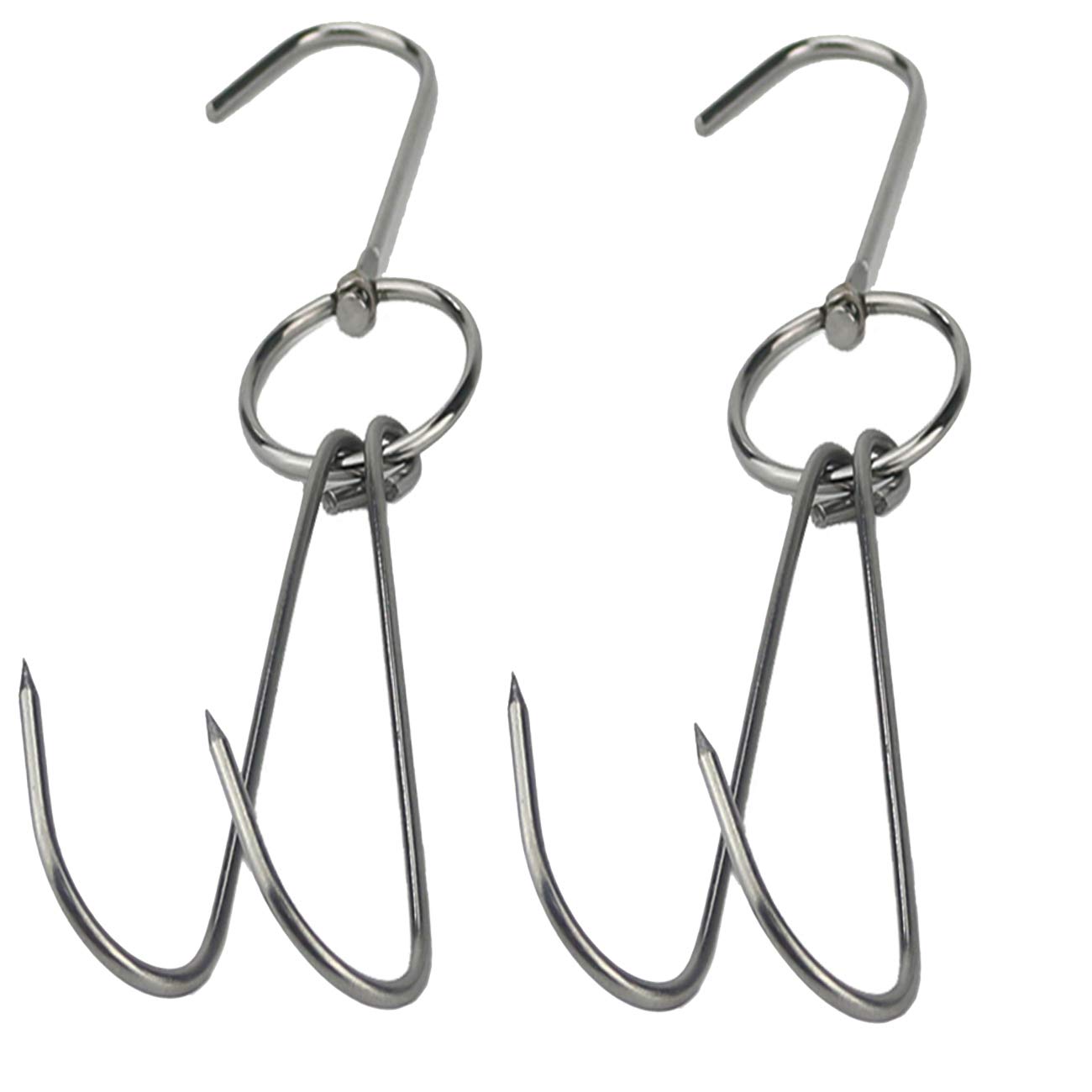 Tinsow 2pcs Stainless Steel Double Hooks + 3pcs S-Hooks for Bacon Hams Meat Processing Butcher Hook Hanging Drying BBQ Grill Cooking Smoker Hook Tool