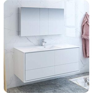 fresca catania 60" glossy white wall hung single sink modern bathroom vanity w/medicine cabinet