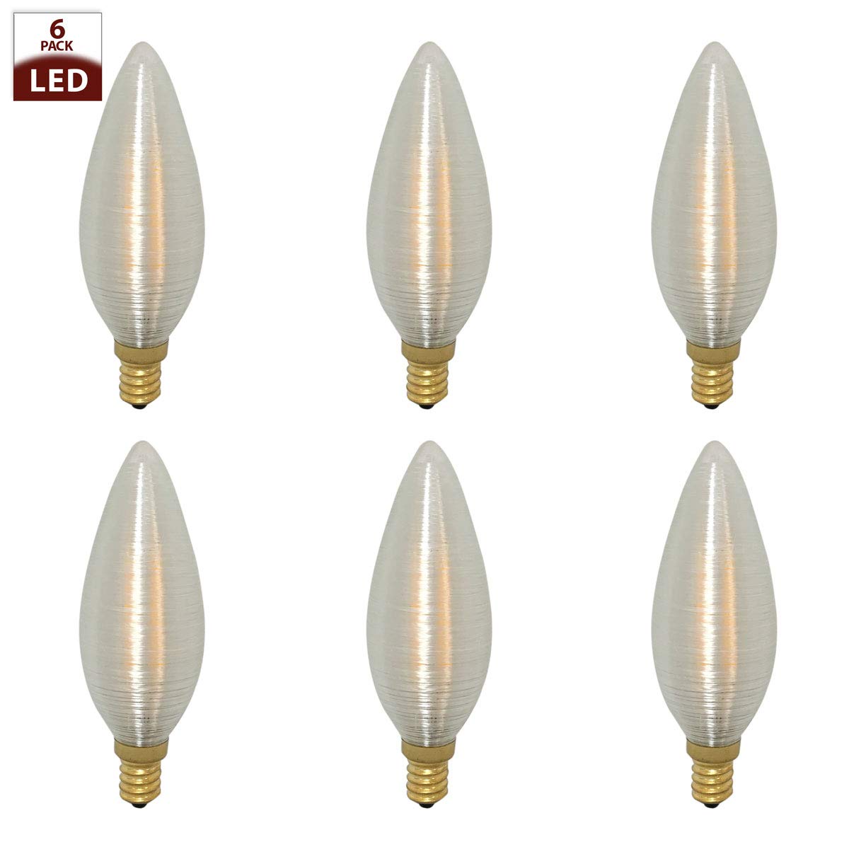 Royal Designs, Inc. Silk Wrapped Torpedo Shaped LED Light Bulbs, E12 Candelabra Brass Base, 130V, 40 Watts (4W LED), Set of 6