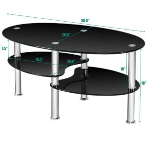 Casart Glass Coffee Table End Table 2 Tire for Home &Office with Sturdy Chrome Plated Legs Tea Table (Black)