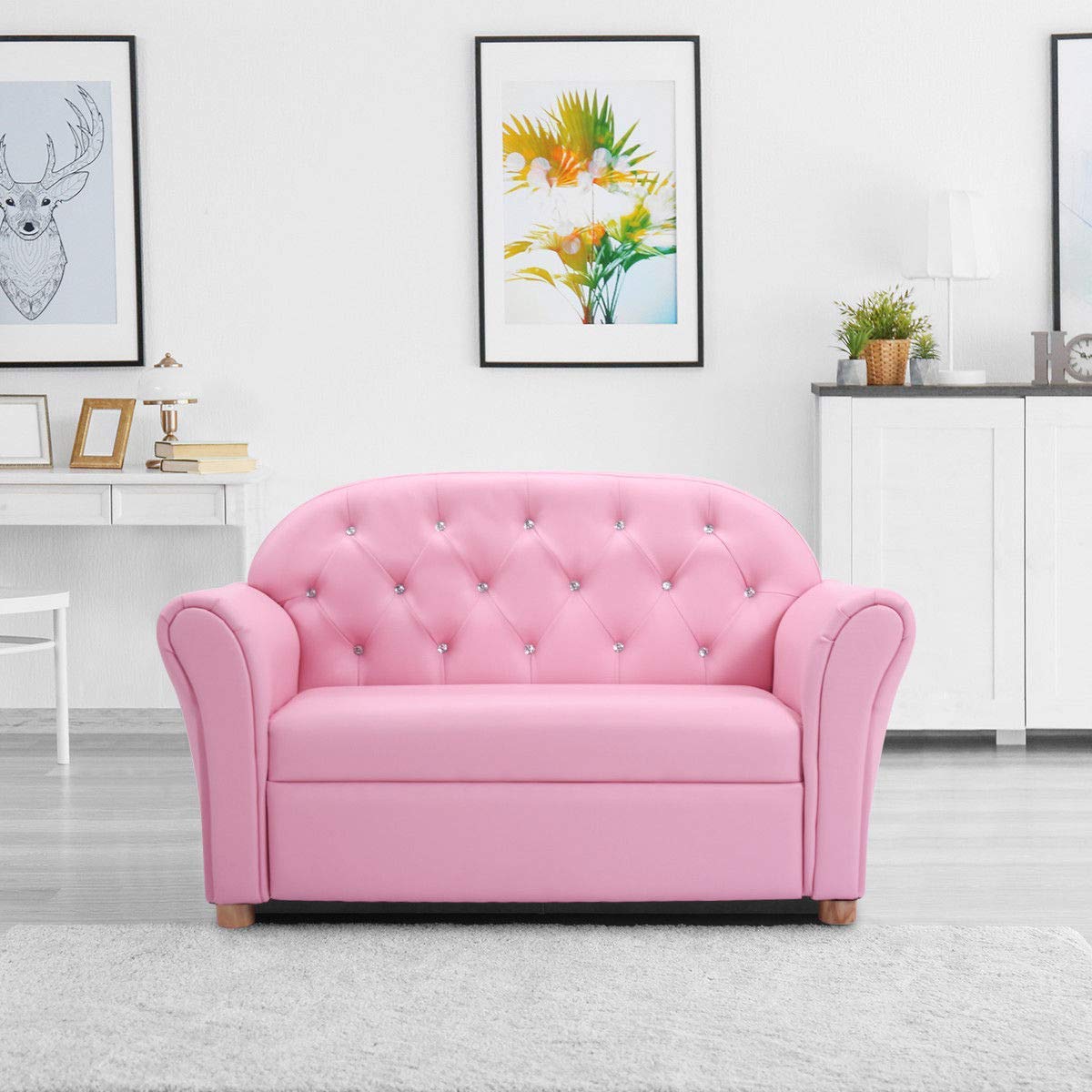 HONEY JOY Kids Sofa, 2 Seat Touch Couch Lounger Chair, Cute Gem Studs, Children Comfy Loveseat Sofa Bed for Playroom Daycare Furniture, Mini Double Foam Play Couch for Princess Girls, Pink