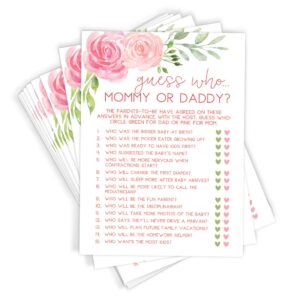 printed party baby shower game, guess who mommy or daddy, floral, 50 cards