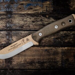 Tops Knives Fieldcraft by Brothers of Bushcraft Coytoe Tan Full Tage Fixed Blade- Coyote Tan Coating Finish- Coyote Tan Kydex Sheath w/Rotating Spring Steel (Green Canvas Micarta Handle)