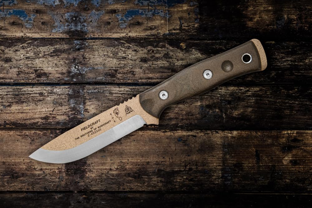 Tops Knives Fieldcraft by Brothers of Bushcraft Coytoe Tan Full Tage Fixed Blade- Coyote Tan Coating Finish- Coyote Tan Kydex Sheath w/Rotating Spring Steel (Green Canvas Micarta Handle)