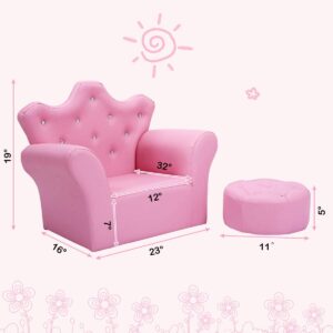 HONEY JOY Kids Sofa, Children Princess Upholstered Couch Armrest Chair with Ottoman, PVC Leather & Embedded Crystal, Toddler Bedroom Furniture for Baby Girl (Pink)