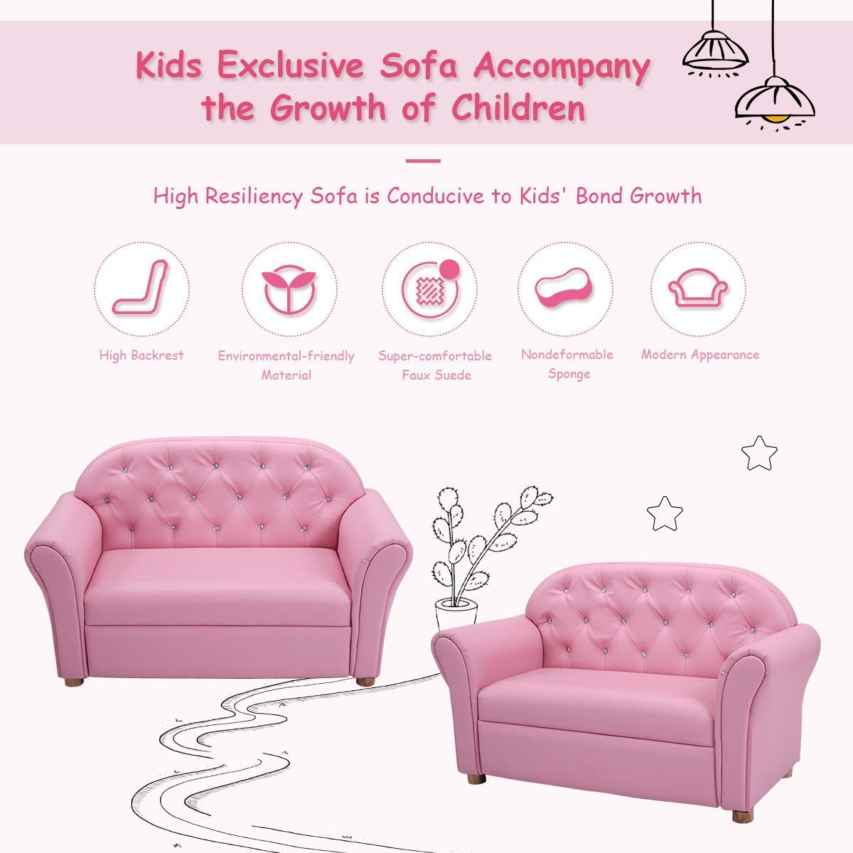 HONEY JOY Kids Sofa, 2 Seat Touch Couch Lounger Chair, Cute Gem Studs, Children Comfy Loveseat Sofa Bed for Playroom Daycare Furniture, Mini Double Foam Play Couch for Princess Girls, Pink