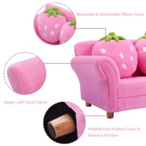 HONEY JOY Toddler Couch with Two Strawberry Pillows, Children Upholstered Loveseat Lounge Bed, Coral Fleece Surface & Studry Wood Frame, Double Seat Kid Sofa for Playroom Bedroom (Pink)