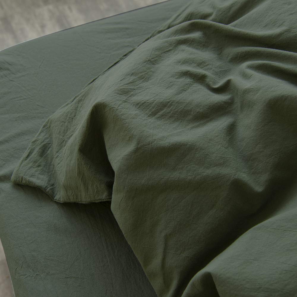 MKXI Olive Green Shabby Chic Duvet Cover Queen Textured Linen Look Soft Prewashed Cotton Bedding Set 1 Duvet Cover 90x90 Inches with Zipper and 2 Pillowcases