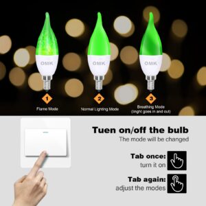 OMK 6 Pack Green LED Christmas Flame Effect Light Bulb Decorations E12 Base Candelabra Light Bulbs, Warm White Led Bulbs, Non-Dimmable Candle Light Bulbs for Party Holiday Decor Gifts