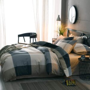 mixinni Luxury 3 Pieces Duvet Cover Sets King Size Geometric Checkered Bedding Cover for Men Women Soft Cotton Grey Beige Plaid Bedding Set with Zipper Ties