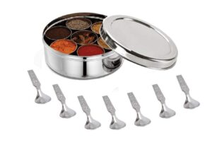 satre online and marketing stainless steel spice box without lid,stainless steel masala box,indian spice box with 7 spice containers and spoons