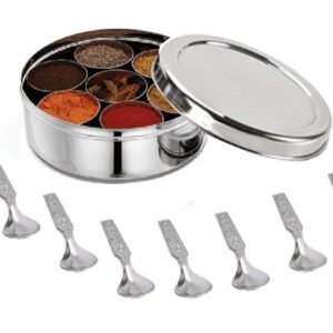 Satre Online and Marketing Stainless Steel Spice Box Without Lid,Stainless Steel Masala Box,Indian Spice Box with 7 Spice Containers and Spoons