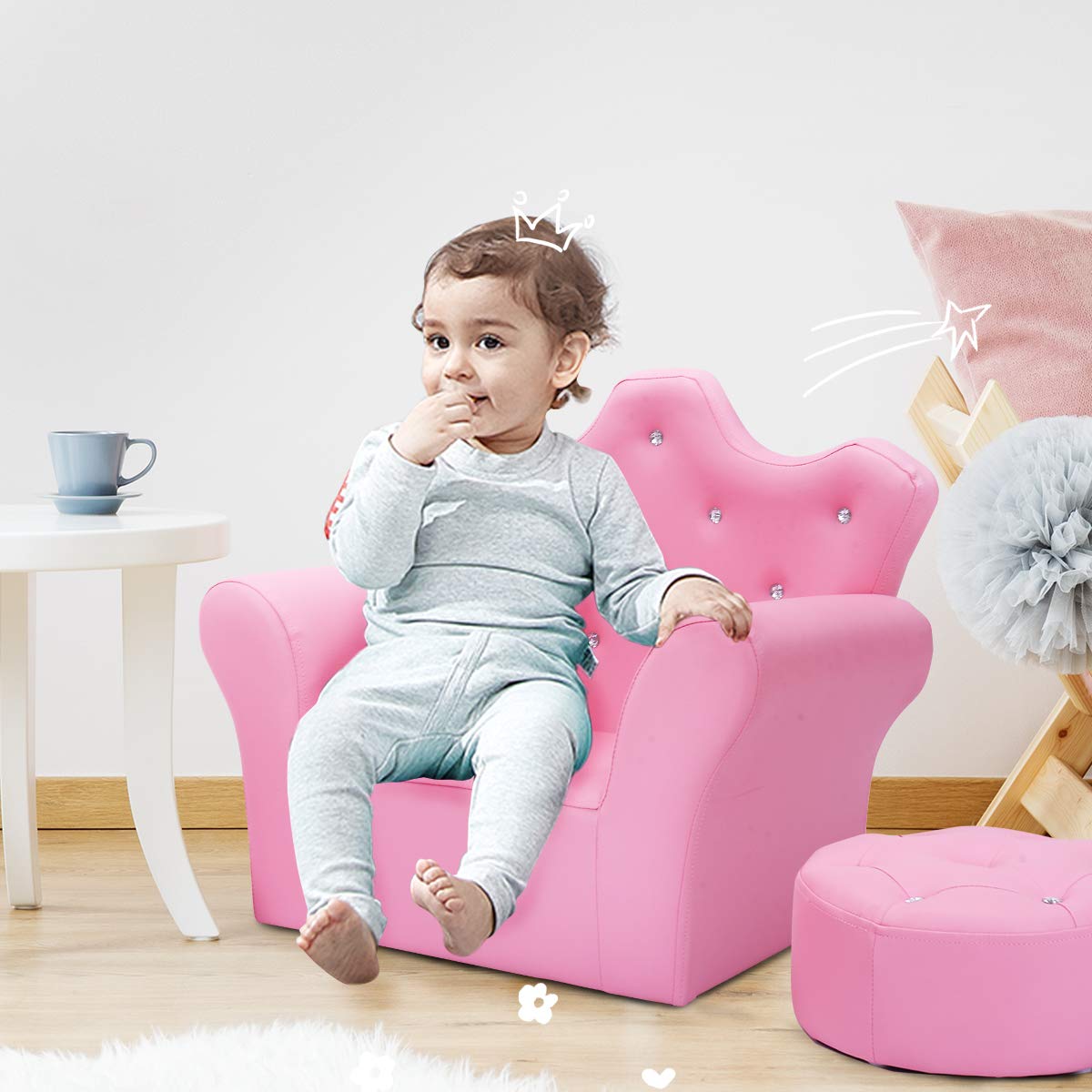 HONEY JOY Kids Sofa, Children Princess Upholstered Couch Armrest Chair with Ottoman, PVC Leather & Embedded Crystal, Toddler Bedroom Furniture for Baby Girl (Pink)