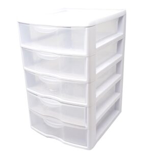 5 unit plastic shelves drawer organizer shelving storage set solution stackable with clear drawer handles for home office school kids cabinets dresser makeup accessory utility tool -white/clear (2)