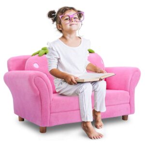 HONEY JOY Toddler Couch with Two Strawberry Pillows, Children Upholstered Loveseat Lounge Bed, Coral Fleece Surface & Studry Wood Frame, Double Seat Kid Sofa for Playroom Bedroom (Pink)