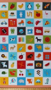 23.5" x 44" i-spy panel i spy patches pictures squares kids children's fun cotton fabric panel (d686.12)