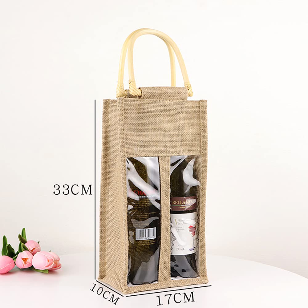 Vpang Eco-Friendly Burlap Wine Bottle Bag Jute Wine Bottle Tote with Cane Handle Gift Packaging Wine Bag Gift Bag Candy Bag for Christmas Holiday Decorations (Double Bottle)