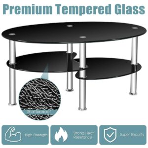 Casart Glass Coffee Table End Table 2 Tire for Home &Office with Sturdy Chrome Plated Legs Tea Table (Black)