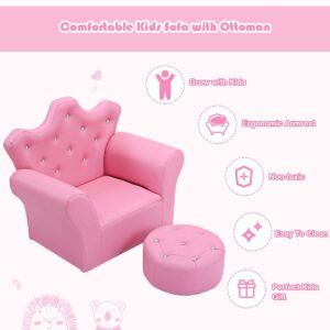 HONEY JOY Kids Sofa, Children Princess Upholstered Couch Armrest Chair with Ottoman, PVC Leather & Embedded Crystal, Toddler Bedroom Furniture for Baby Girl (Pink)