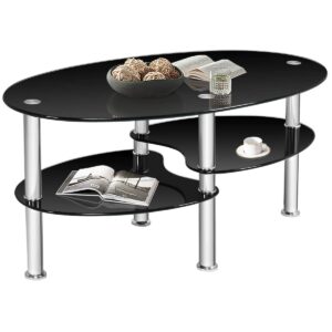 casart glass coffee table end table 2 tire for home &office with sturdy chrome plated legs tea table (black)