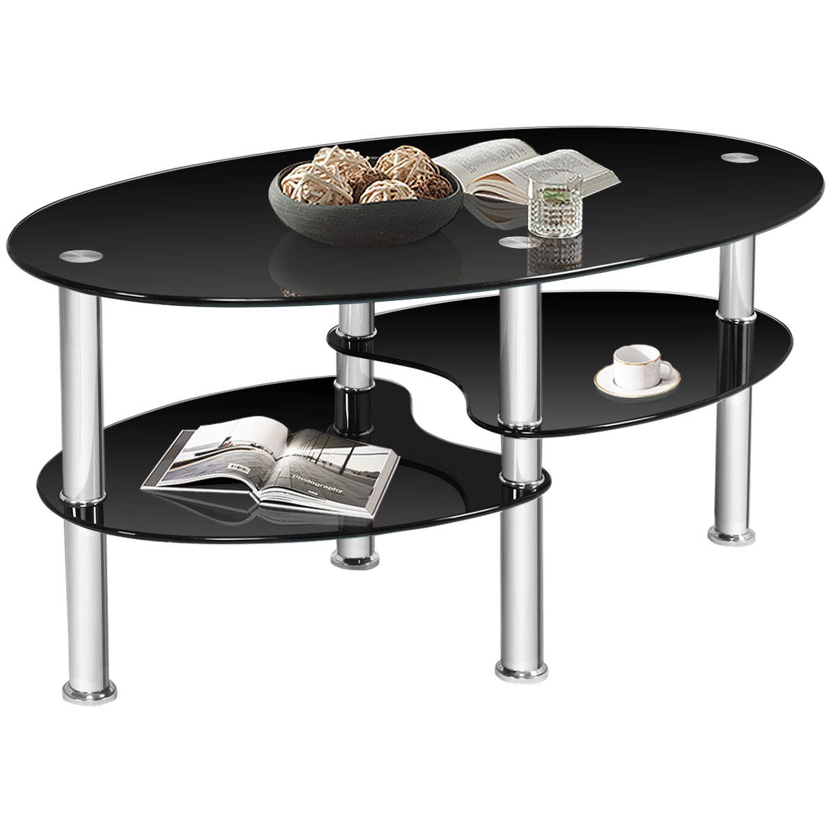 Casart Glass Coffee Table End Table 2 Tire for Home &Office with Sturdy Chrome Plated Legs Tea Table (Black)